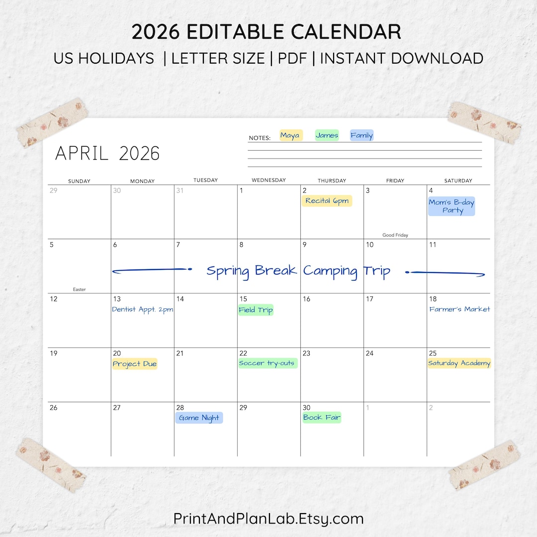 2026 Monthly Calendar Printable With Editable Fields, Holidays, Letter ...