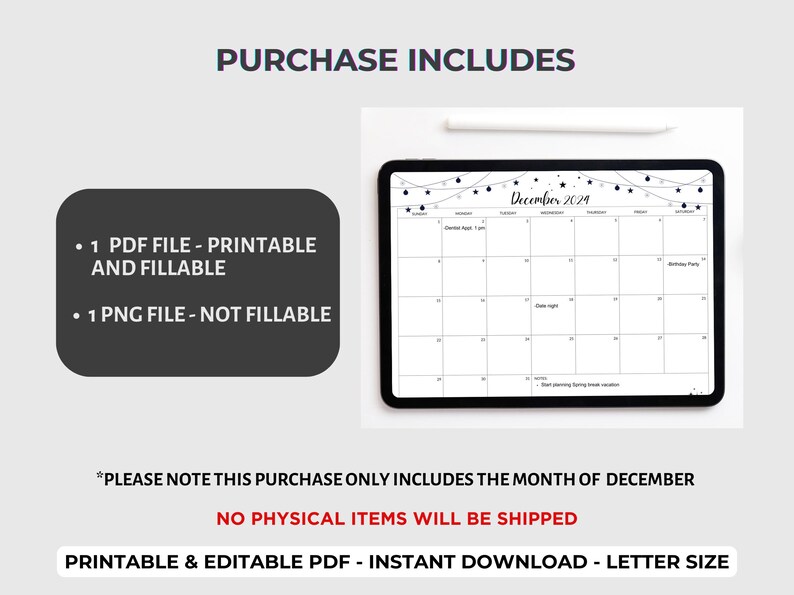 December 2024 Printable PDF Calendar, Editable Calendar Template ...