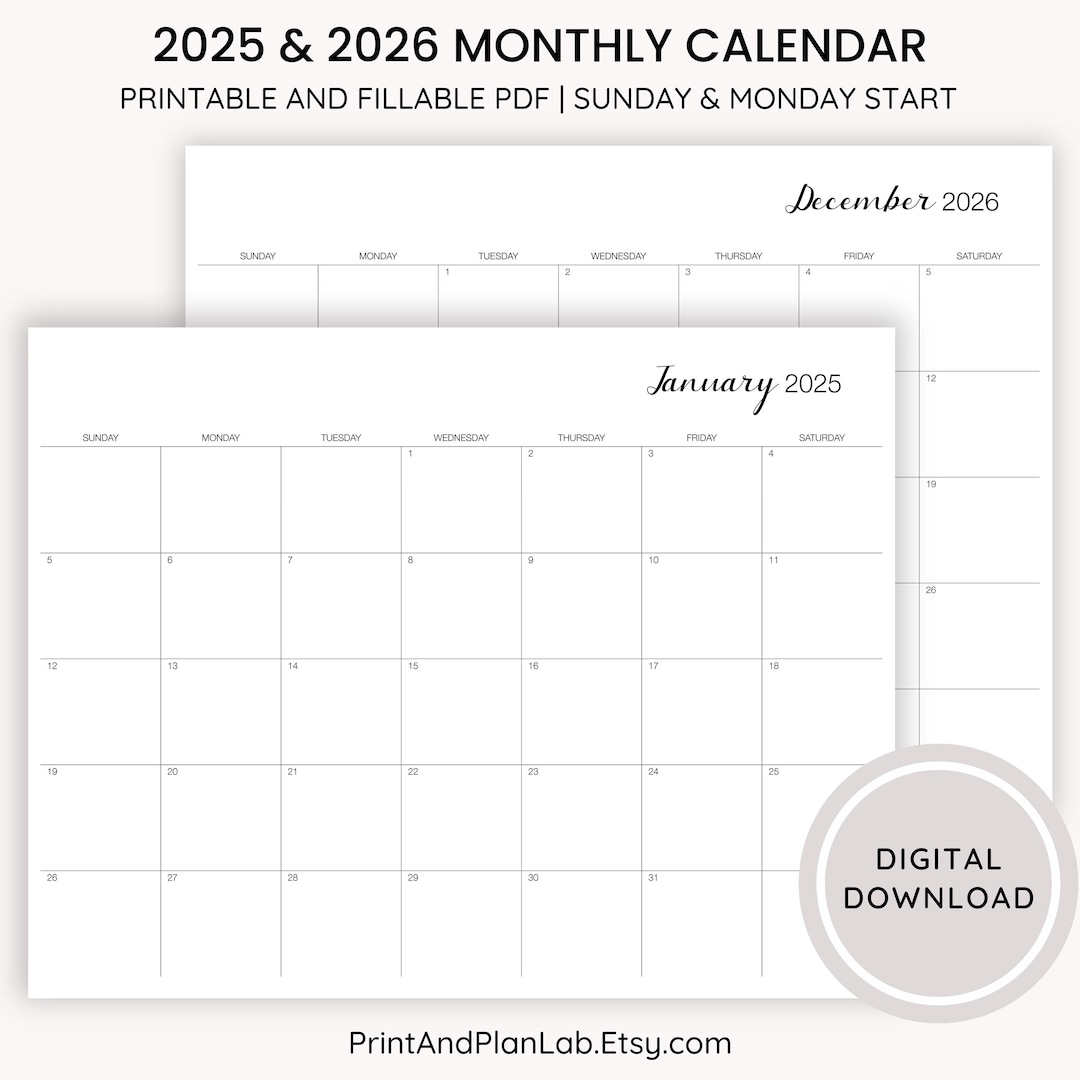 2025-2026 Monthly Calendar Printable: Editable Fields, Sunday/monday ...