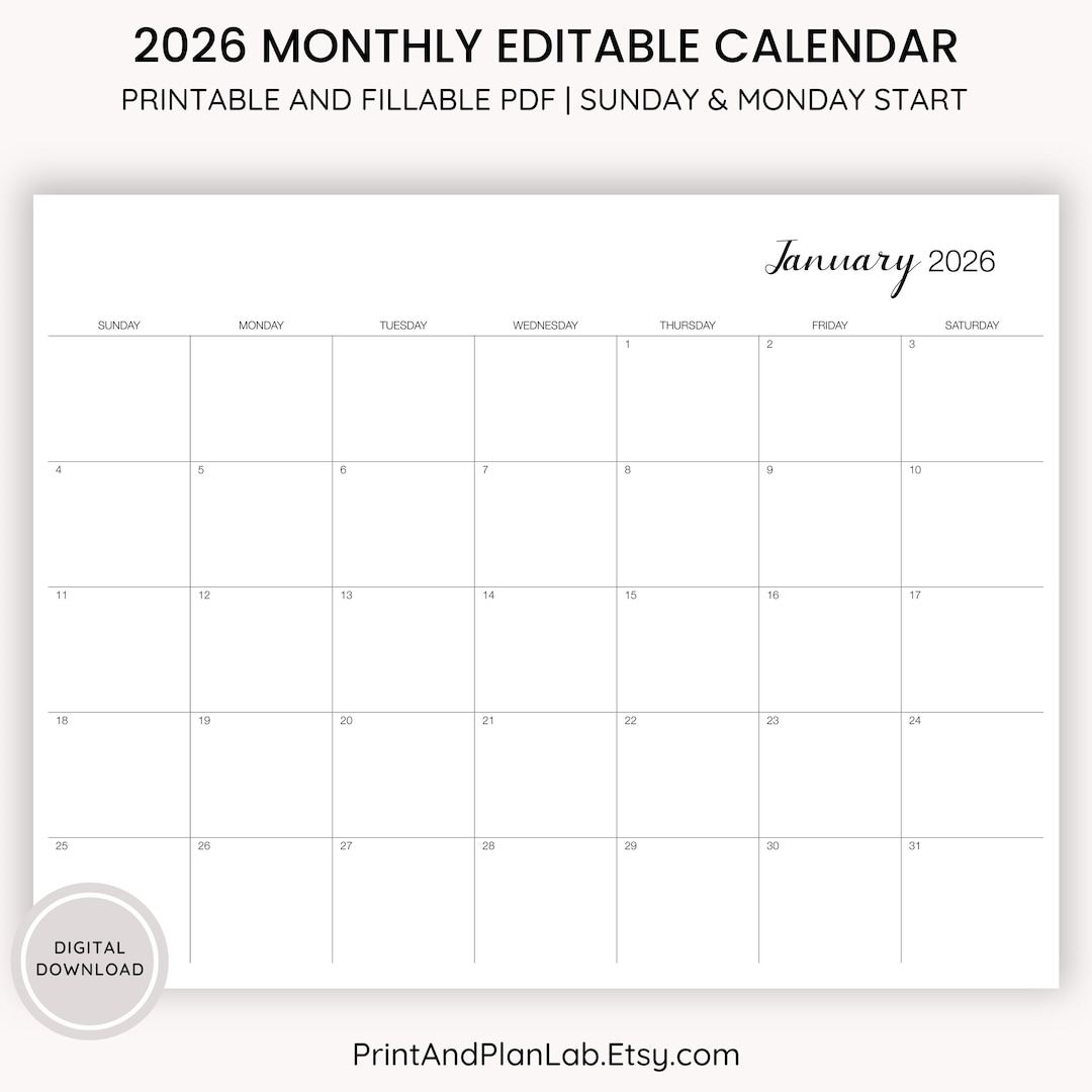 2026 Monthly Calendar Printable: Editable Fields, Minimalist, PDF ...