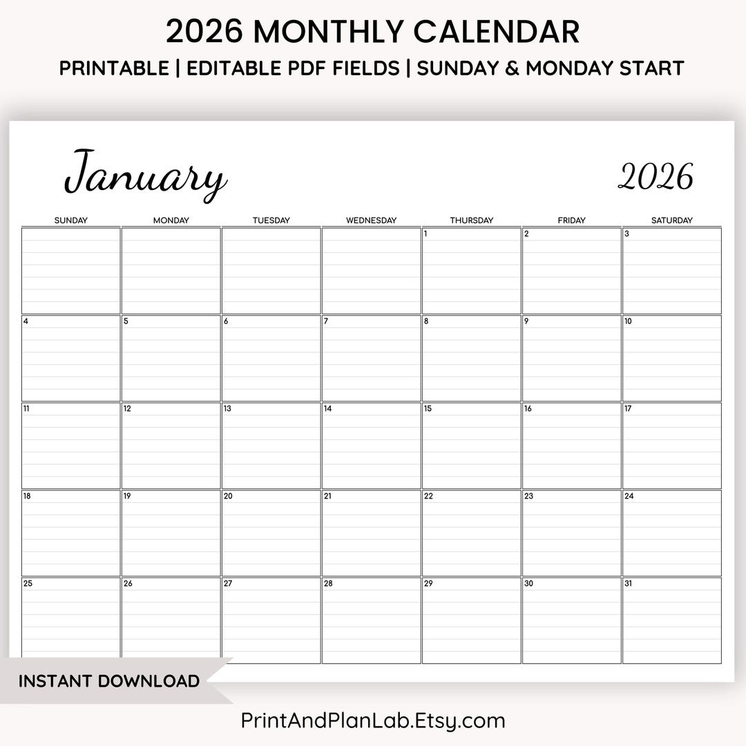 2026 Monthly Editable Calendar With Lines: Printable PDF (sunday and ...