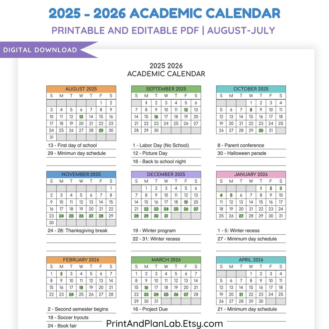 2025-2026 Academic Calendar Printable: Fillable One-page Overview (PDF ...