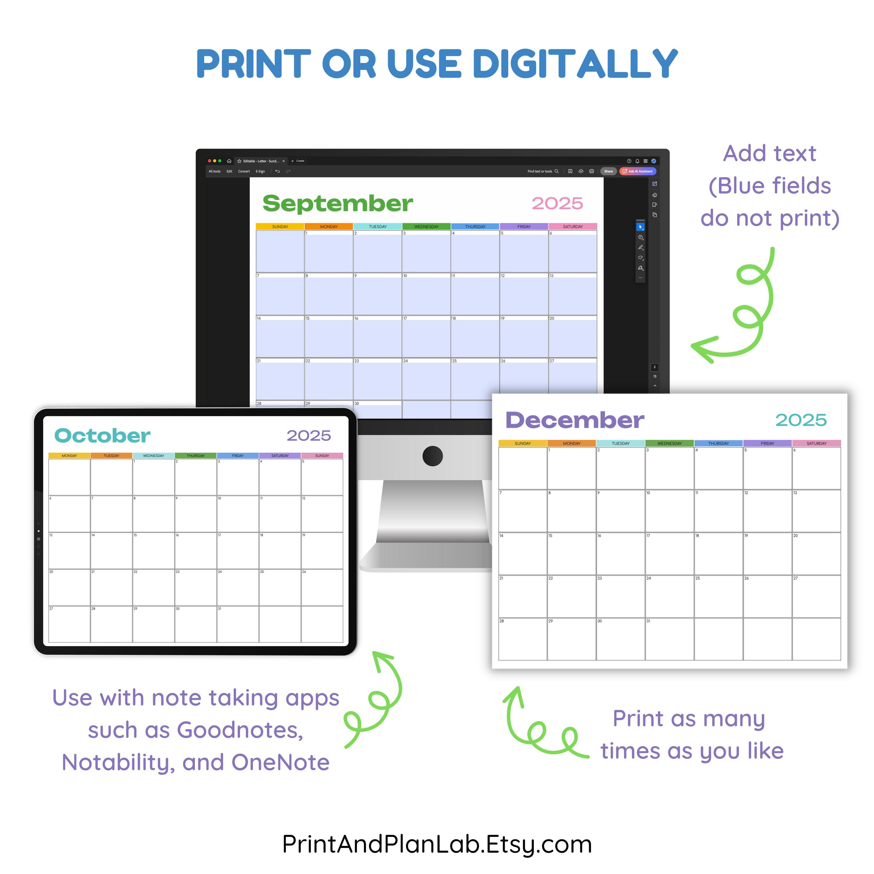 2025-2026 Monthly School Calendar Printable: Editable Fields, PDF ...