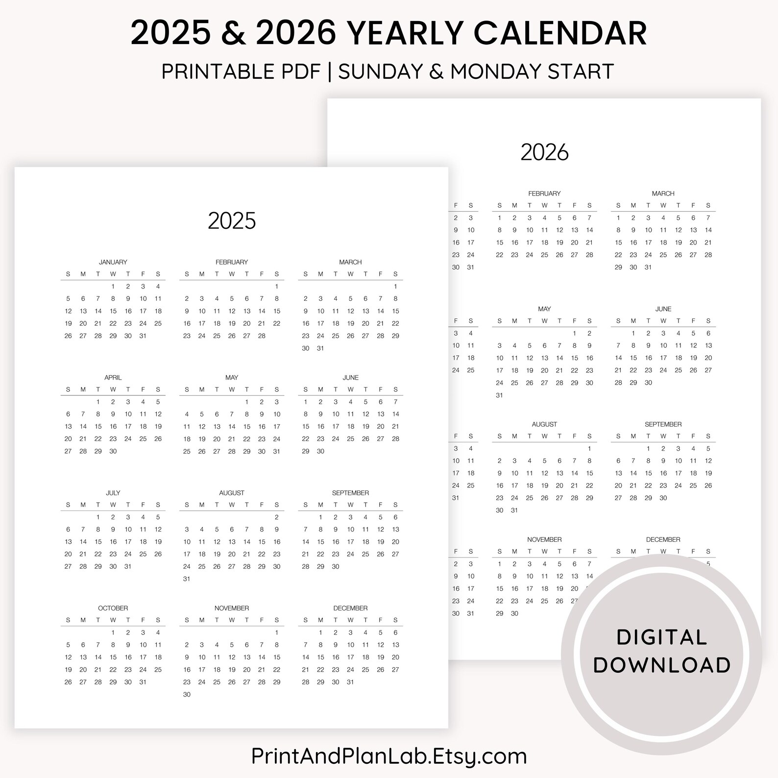 2025-2026 Yearly Calendar Printable: One Page Planner Insert (A4, A5 ...