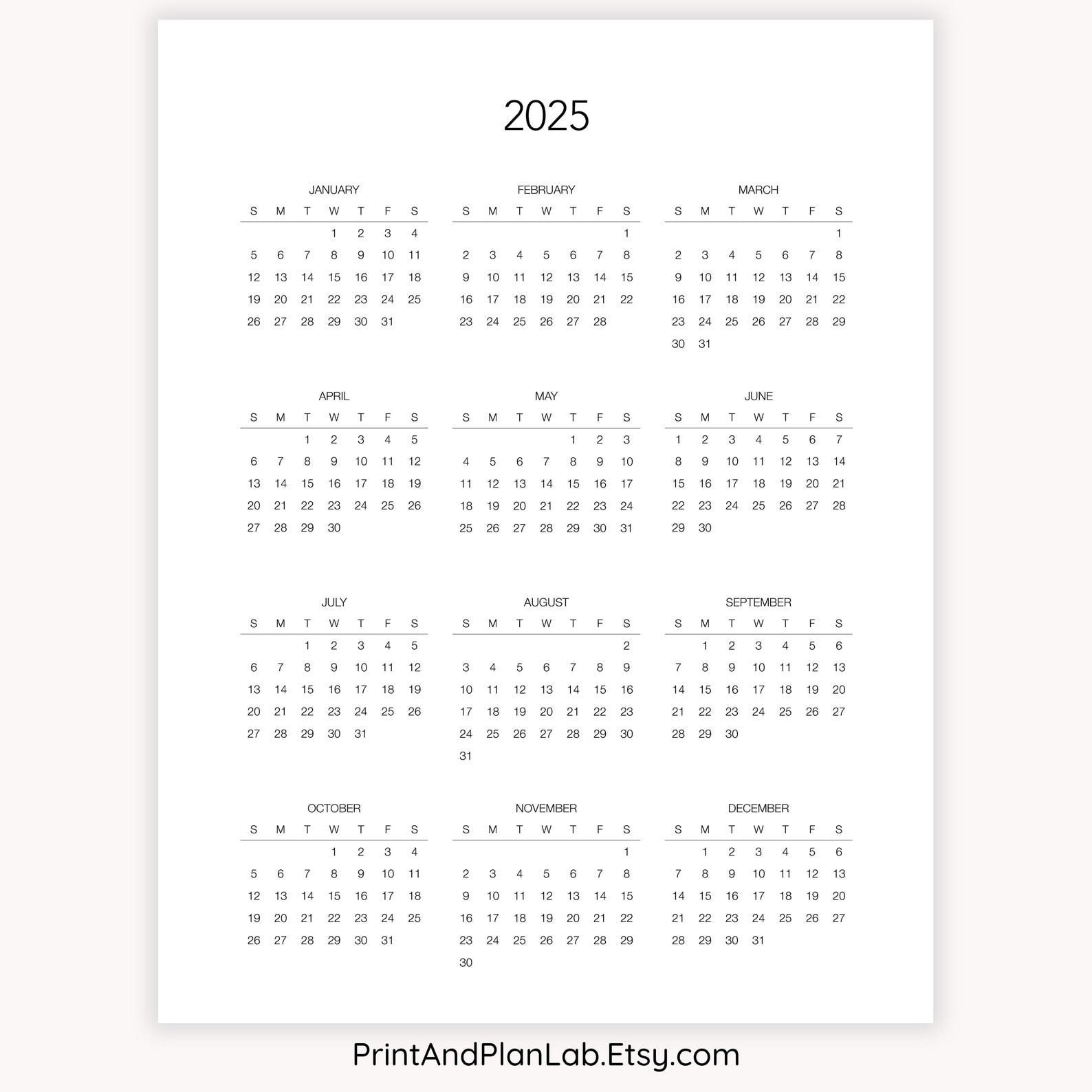 2025-2026 Yearly Calendar Printable: One Page Planner Insert (A4, A5 ...