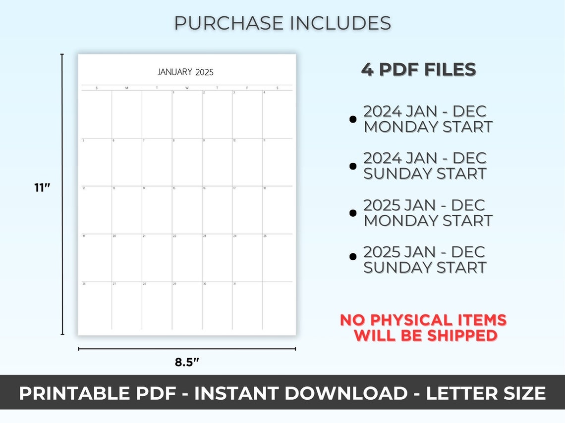 Portrait Calendar Template Printable 2024 2025 Monthly Calendar Sunday ...