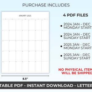 Portrait Calendar Template Printable 2024 2025 Monthly Calendar Sunday ...