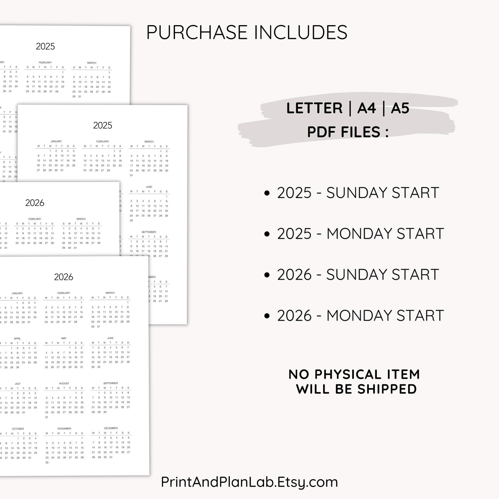 2025-2026 Yearly Calendar Printable: One Page Planner Insert (A4, A5 ...