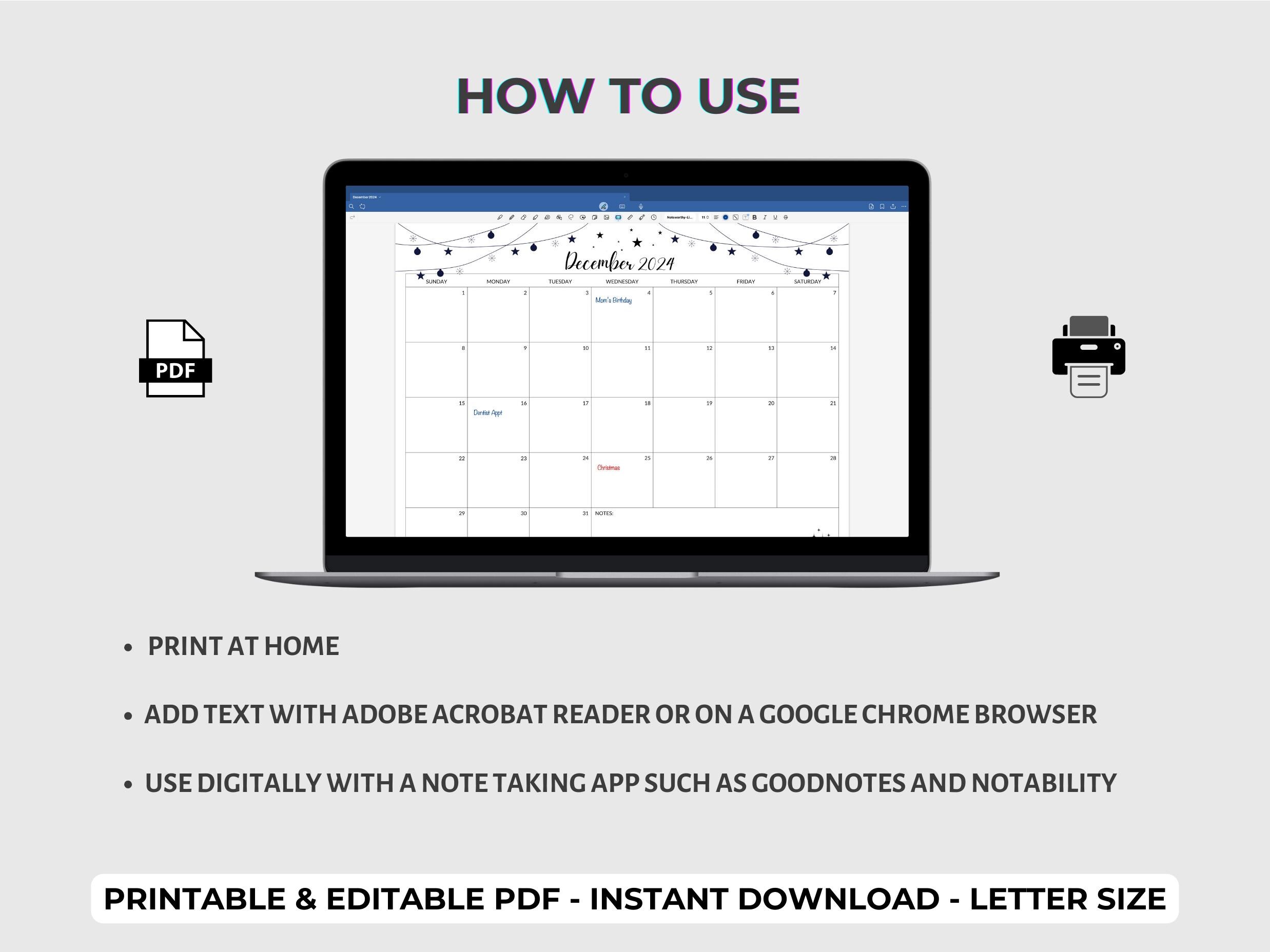 December 2024 Printable PDF Calendar, Editable Calendar Template ...