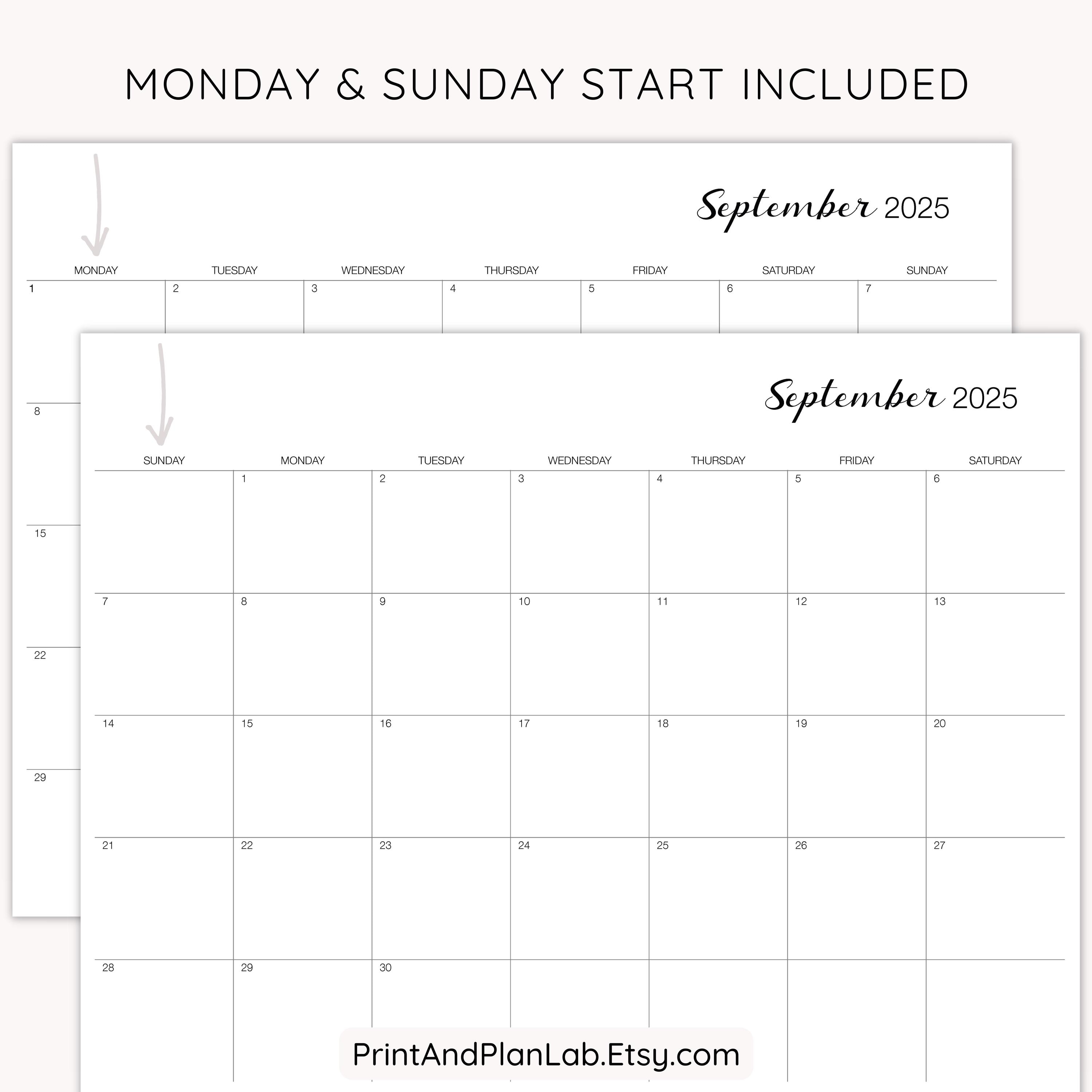 2025-2026 Monthly Calendar Printable: Editable Fields, Sunday/monday ...