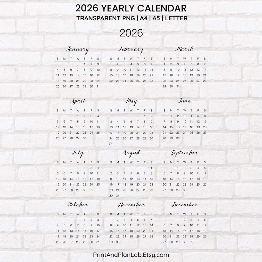 2026 Yearly Calendar Transparent Background: PNG, One Page Overview ...
