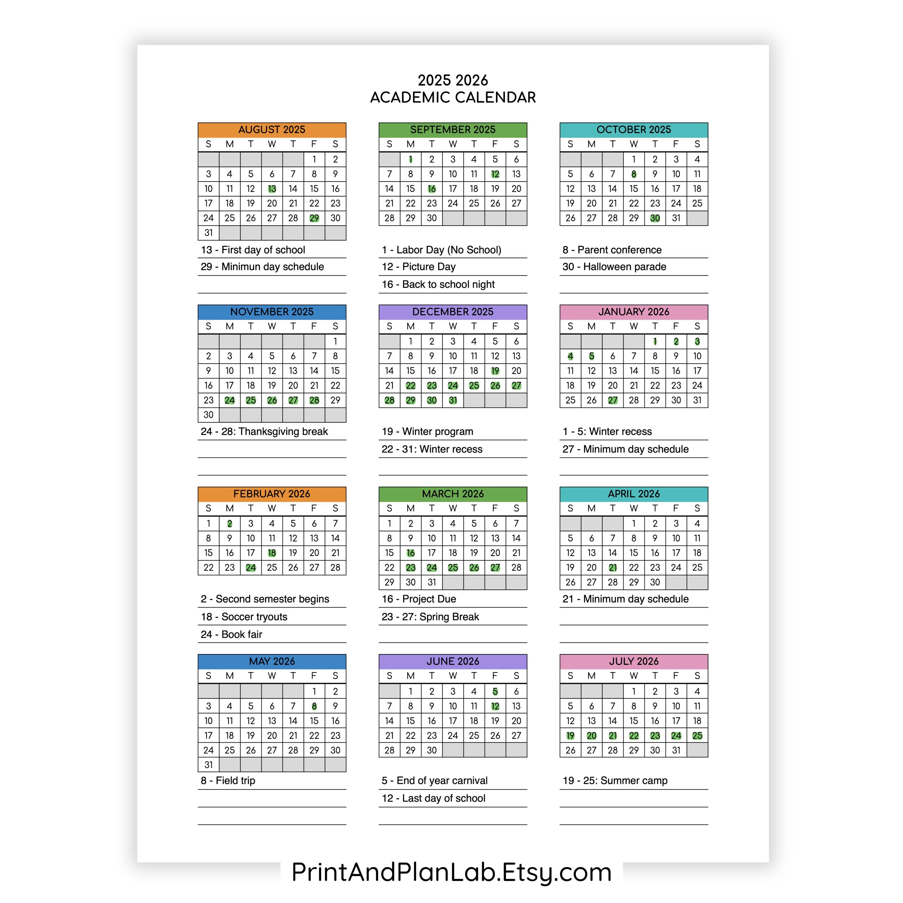 2025-2026 Academic Calendar Printable: Fillable One-page Overview (PDF ...