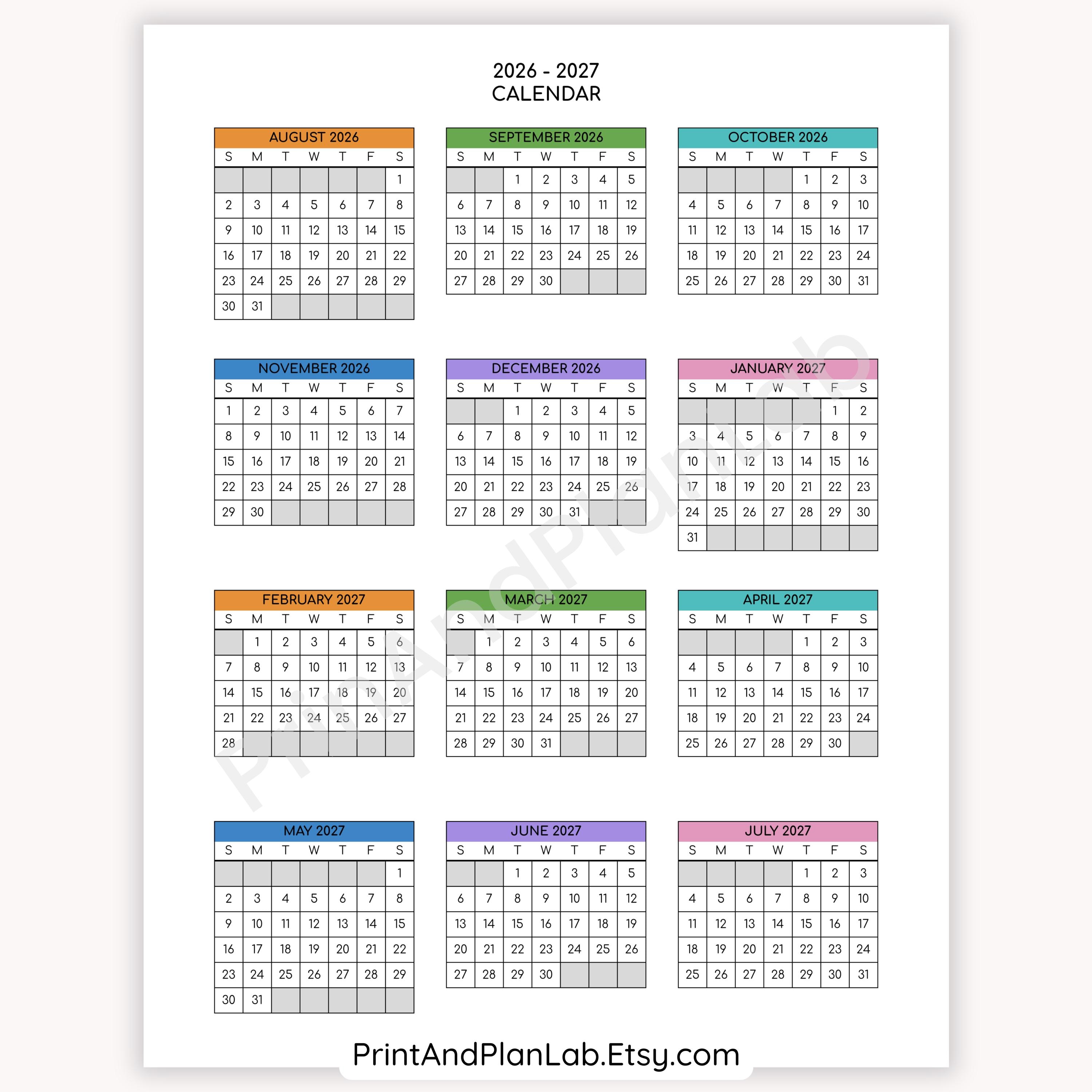 2026-2027 School Year Calendar Printable, One Page Overview, Digital ...