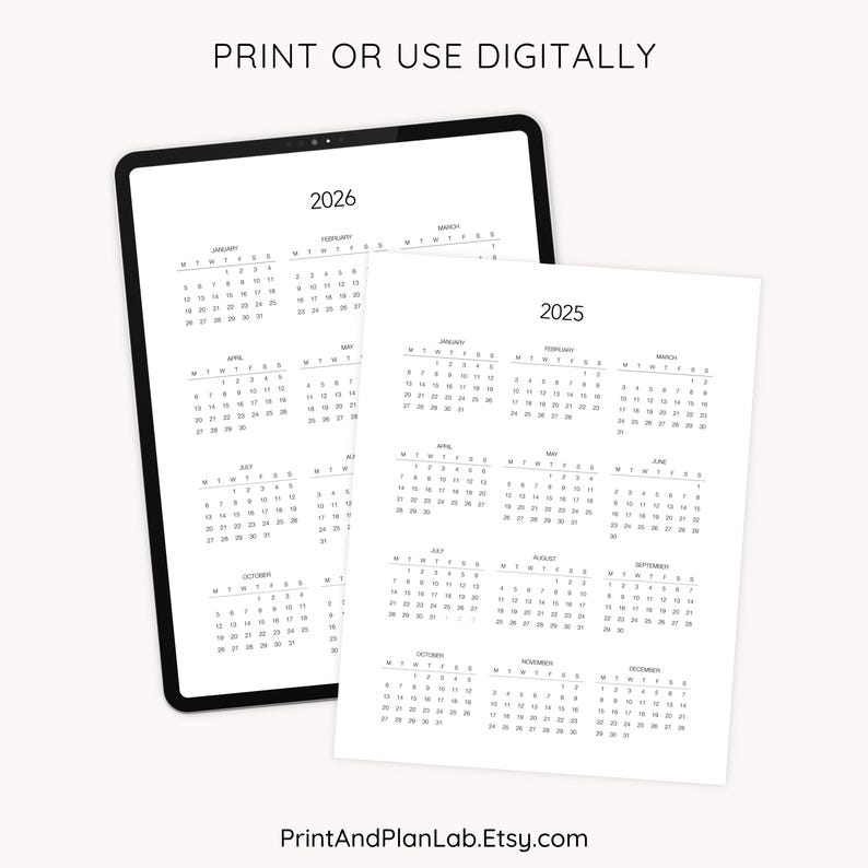 2025-2026 Yearly Calendar Printable: One Page Planner Insert (A4, A5 ...