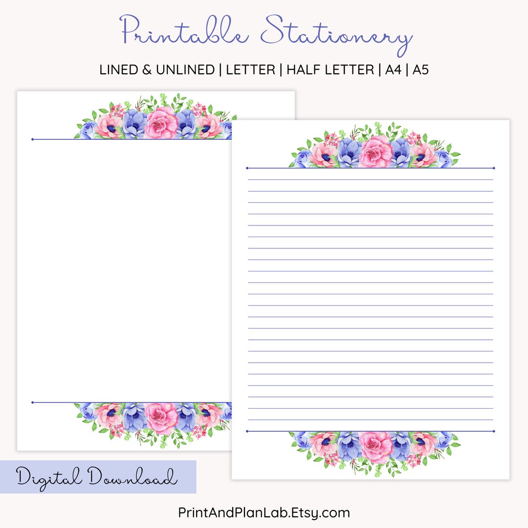 Printable Floral Lined Stationery Paper, Unlined Stationery Paper, Pen ...
