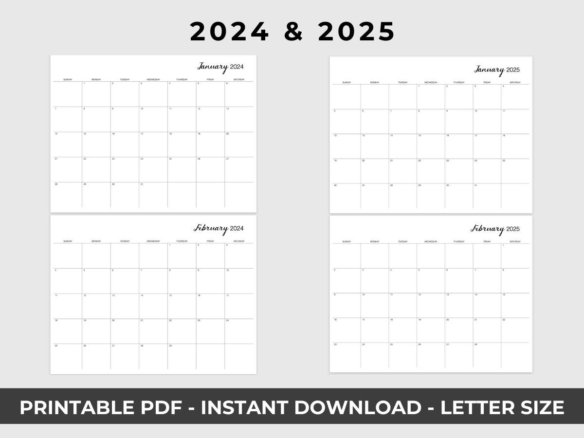 2024 2025 Monthly Calendar Printable Calendar Landscape Sunday Monday ...