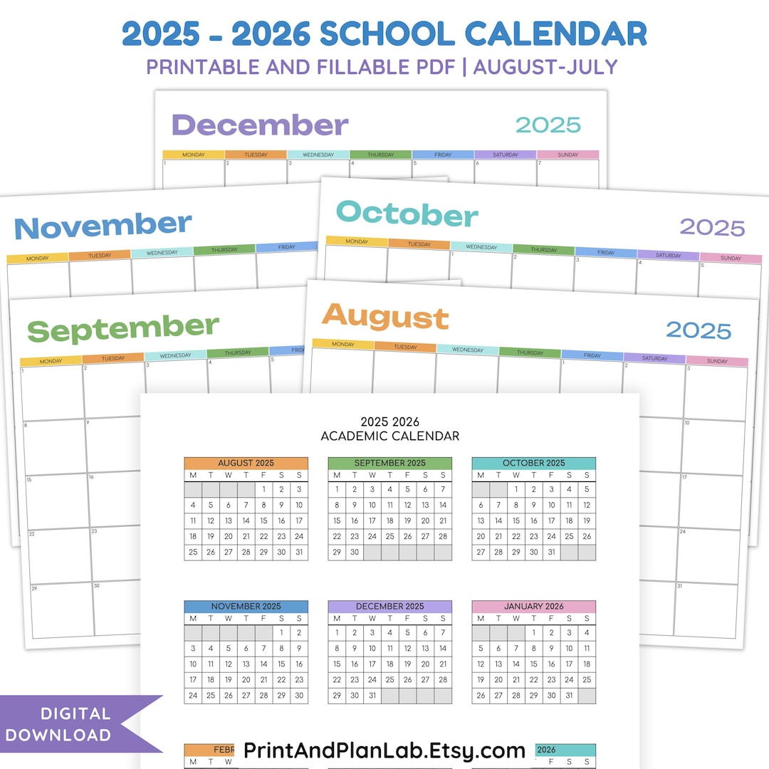2025-2026 School Calendar Printable: Monthly Editable Calendar, One ...