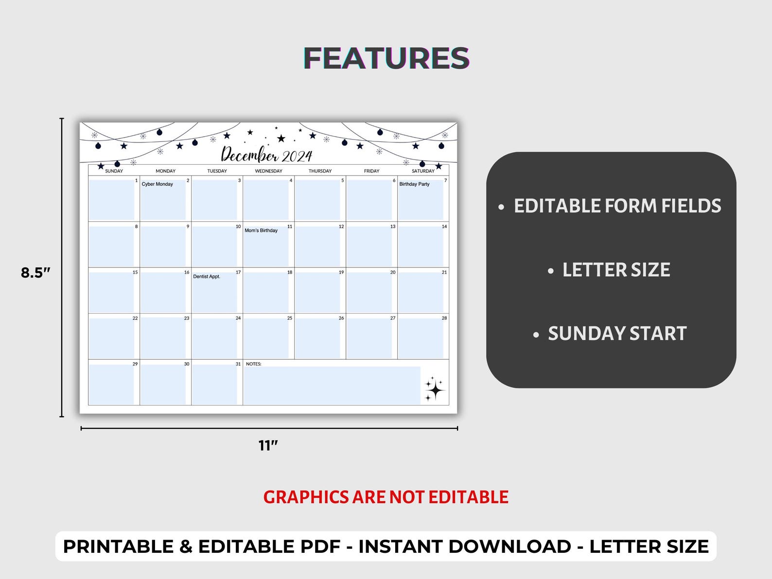 December 2024 Printable PDF Calendar, Editable Calendar Template ...