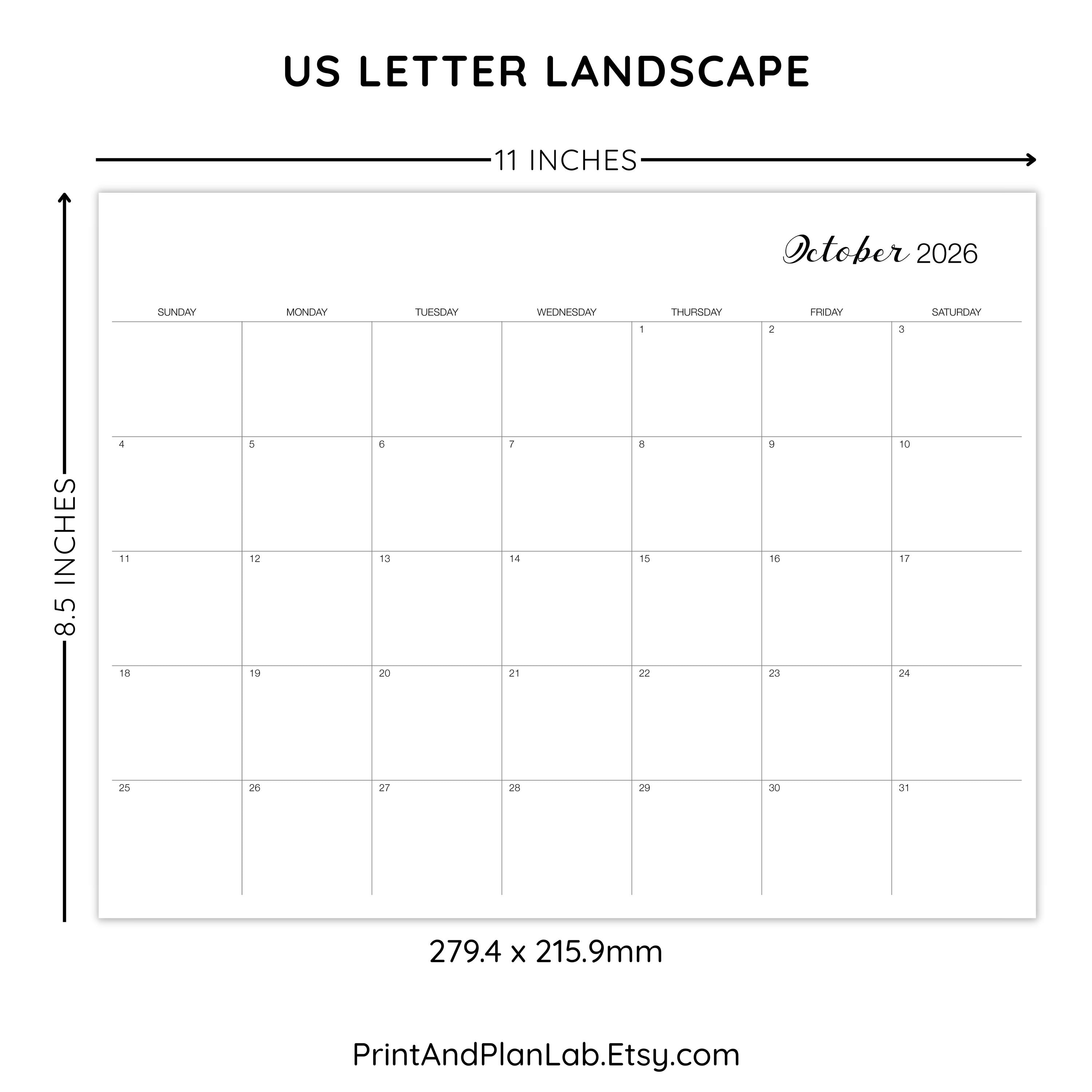 Monthly 2026 Calendar Printable, Editable Fields, Landscape, PDF ...