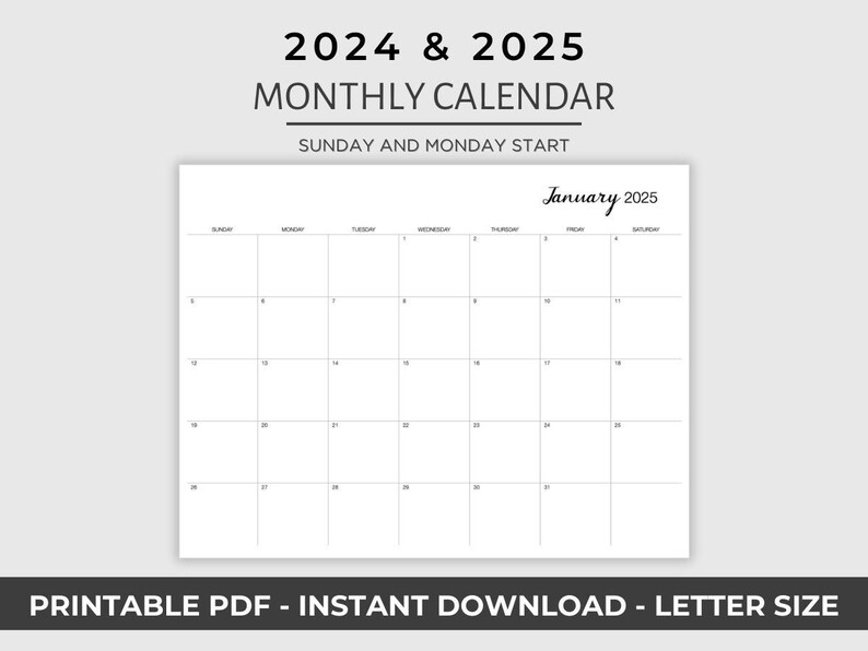 2024 2025 Monthly Calendar Printable Calendar Landscape Sunday Monday ...