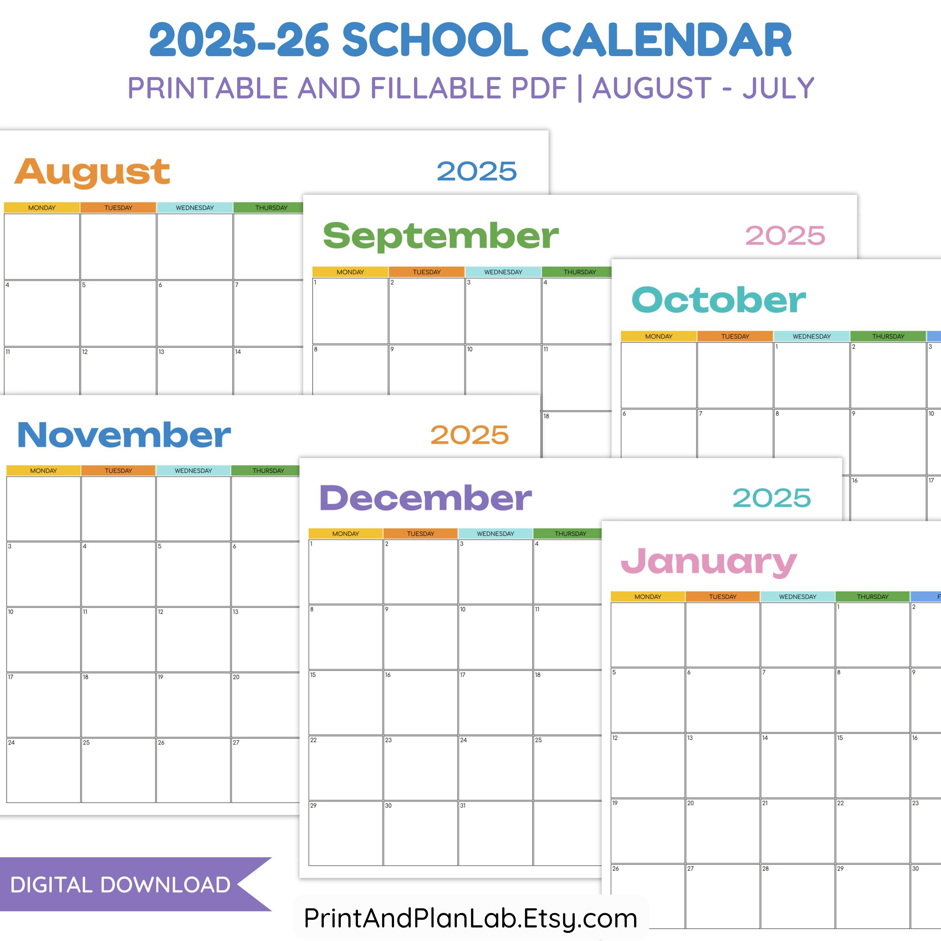 2025-2026 Monthly School Calendar Printable: Editable Fields, PDF ...