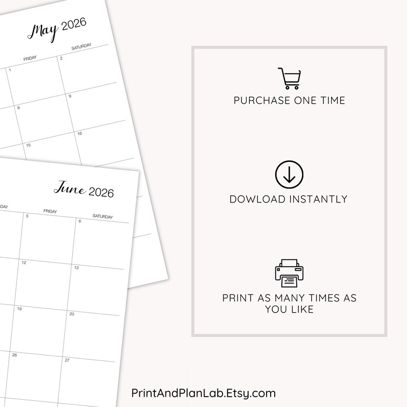 2025-2026 Monthly Calendar Printable: Editable Fields, Sunday/monday ...