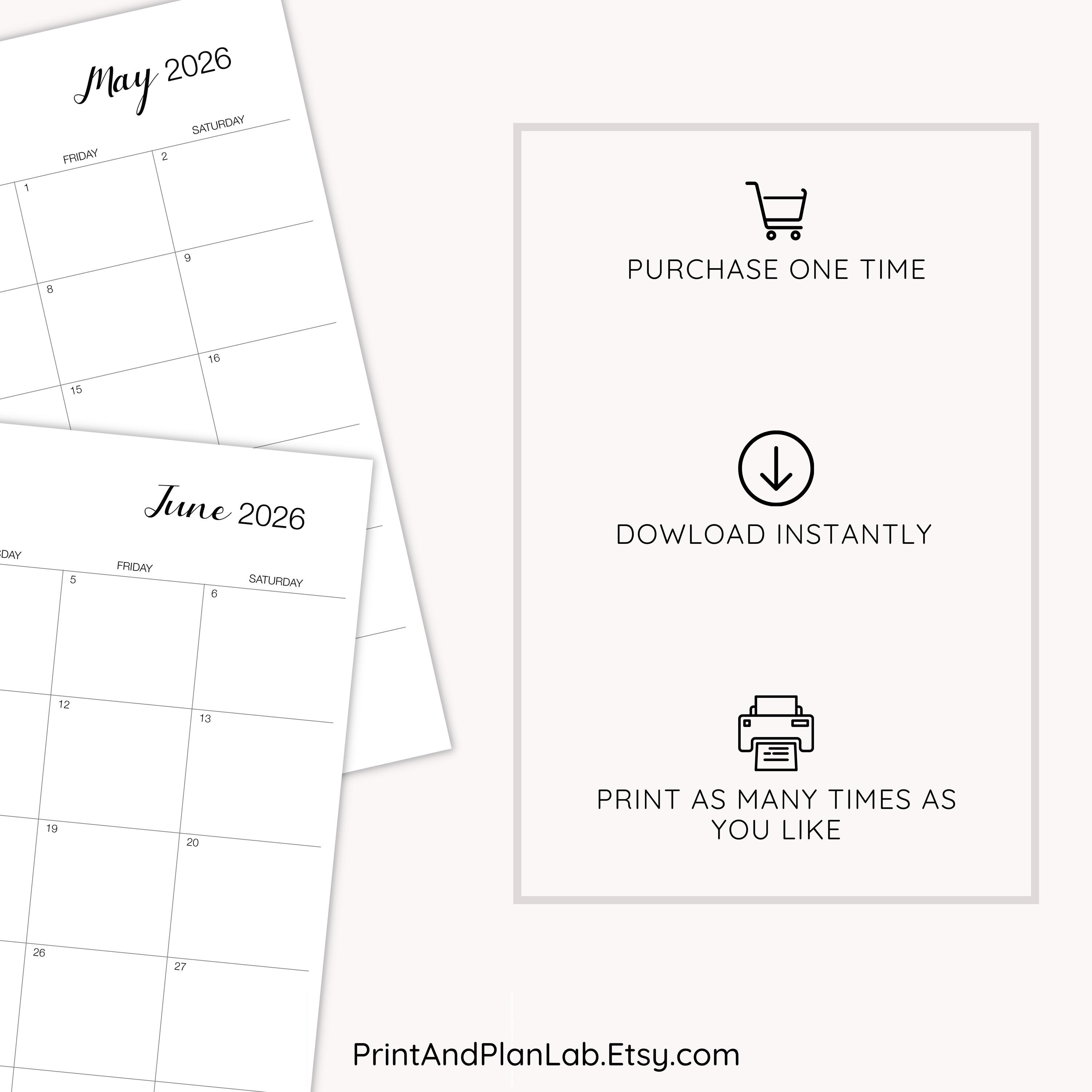 2025-2026 Monthly Calendar Printable: Editable Fields, Sunday/monday ...