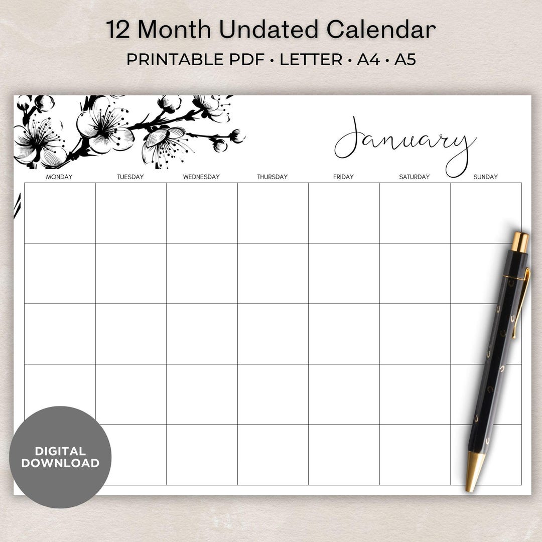 Reusable Monthly Calendar Printable With Cherry Blossoms: PDF, Digital ...