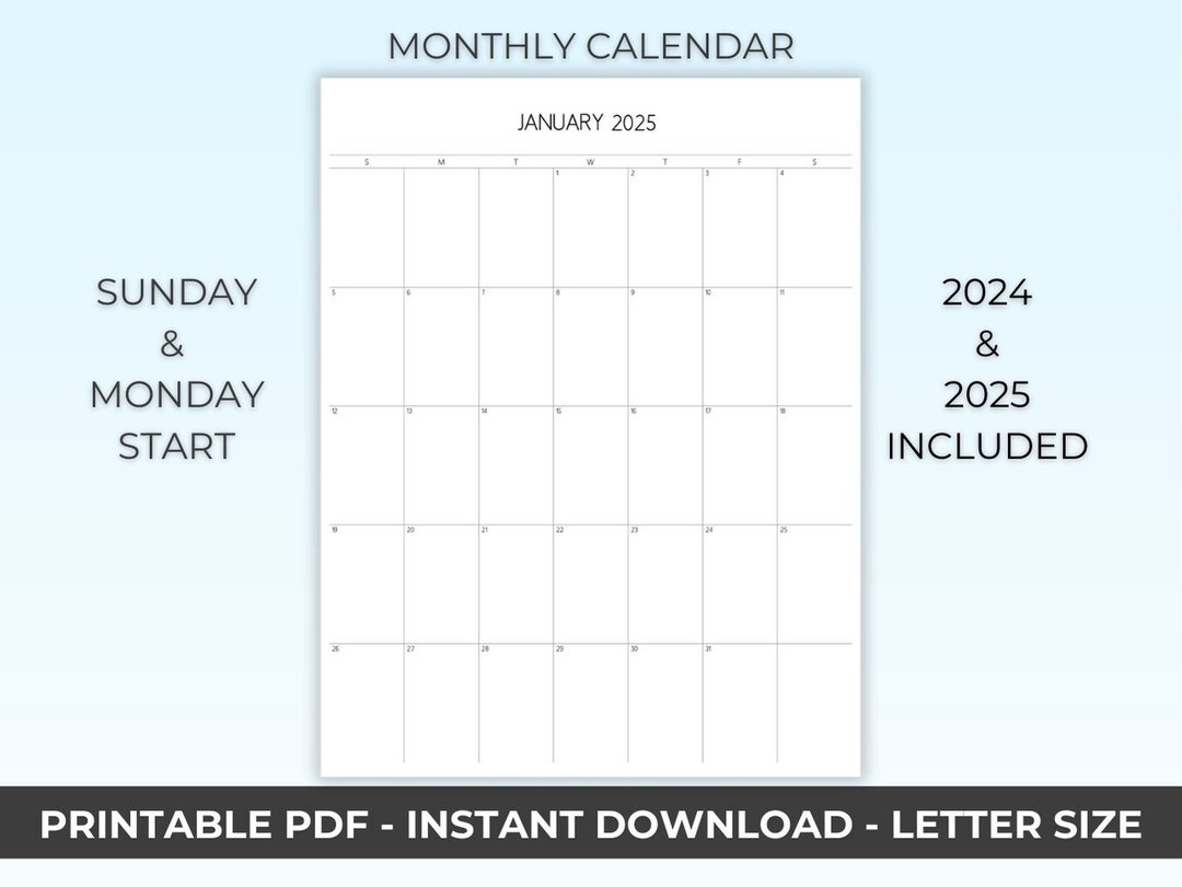 Portrait Calendar Template Printable 2024 2025 Monthly Calendar Sunday ...