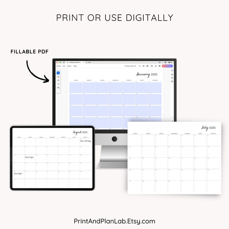 2025-2026 Monthly Calendar Printable: Editable Fields, Sunday/monday ...