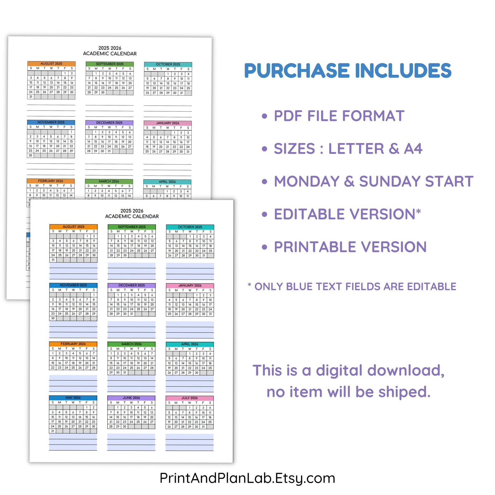 2025-2026 Academic Calendar Printable: Fillable One-page Overview (PDF ...