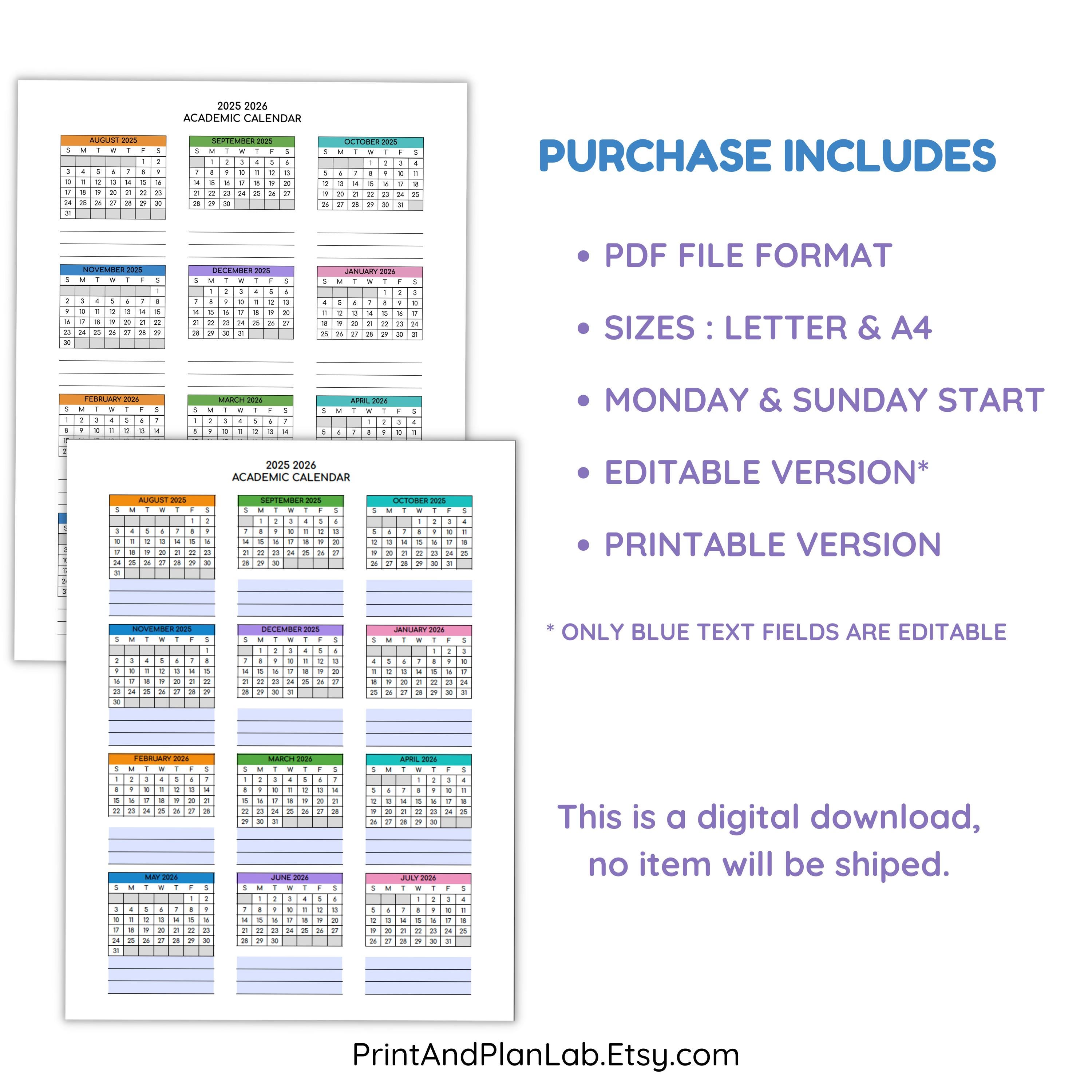2025-2026 Academic Calendar Printable: Fillable One-page Overview (PDF ...