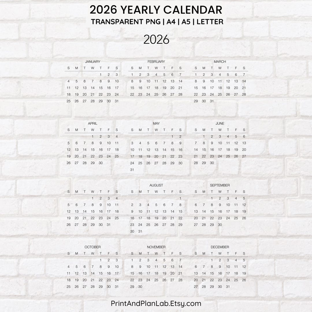 2026 Yearly Calendar With Transparent Background (PNG, Instant Download ...