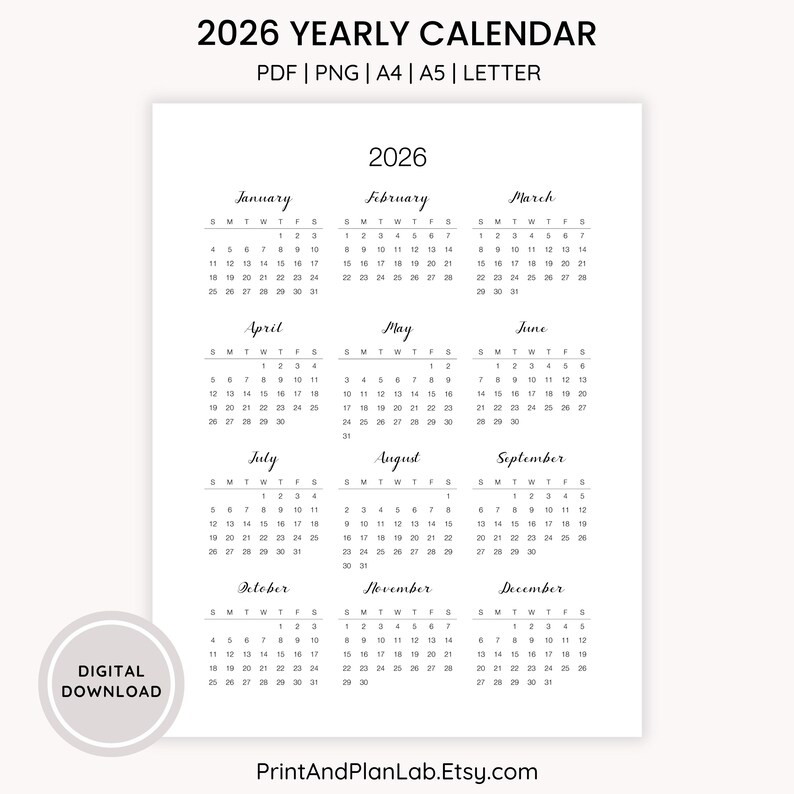2026 Minimalist Calendar Printable: Single Page Overview (PDF, PNG, A4 ...