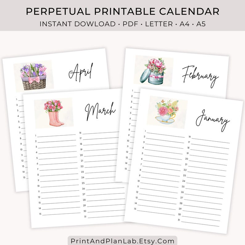 Vintage Perpetual Calendar Printable: Birthday Tracker, Important Dates ...