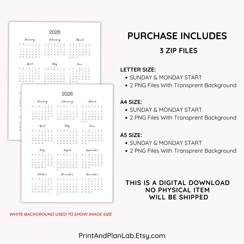 2026 Yearly Calendar Transparent Background: PNG, One Page Overview ...
