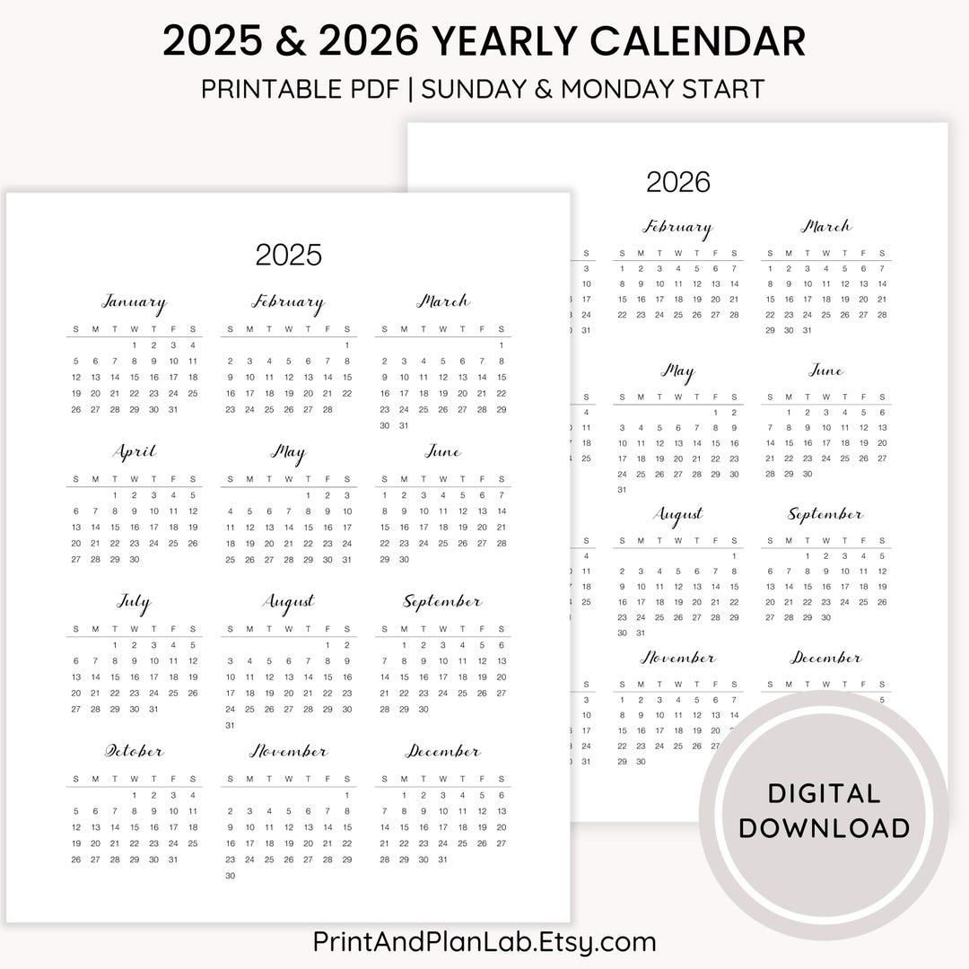 2025-2026 Yearly Calendar Printable: Single Page Overview (A4, A5 ...