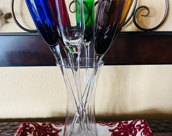 Vintage Hand Blown Champagne Flutes – 7 Piece Colorful Toasting Set ...