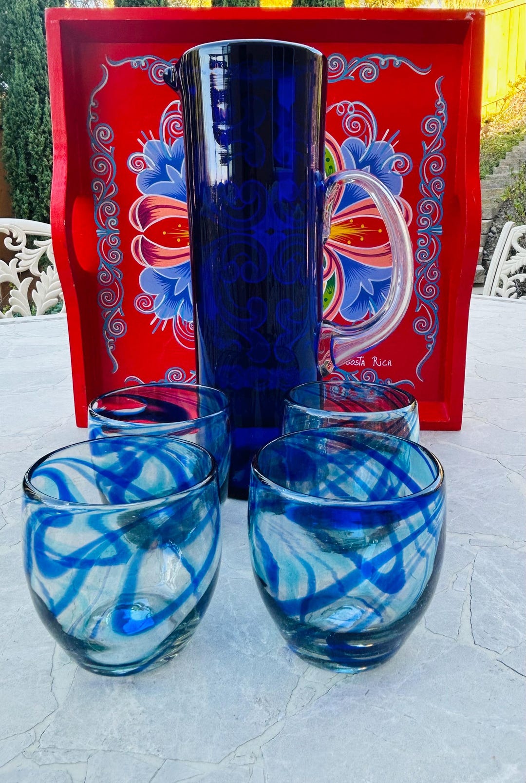Cobalt Blue Narrow Cylinder Pitcher With Clear Glass Handle & Four ...