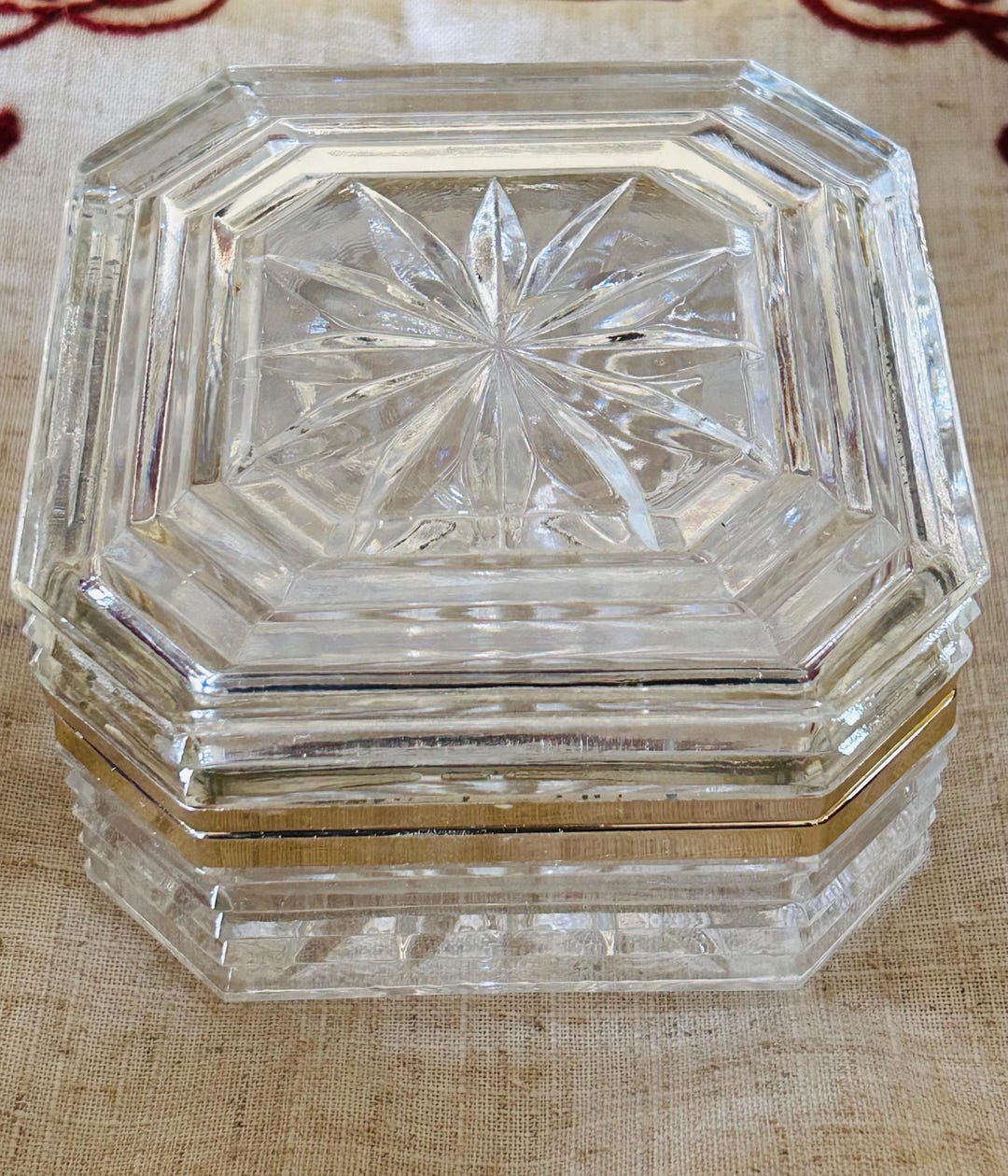 Vintage Crystal Glass & Brass Hinged Octagonal Step Cut Twelve Point ...