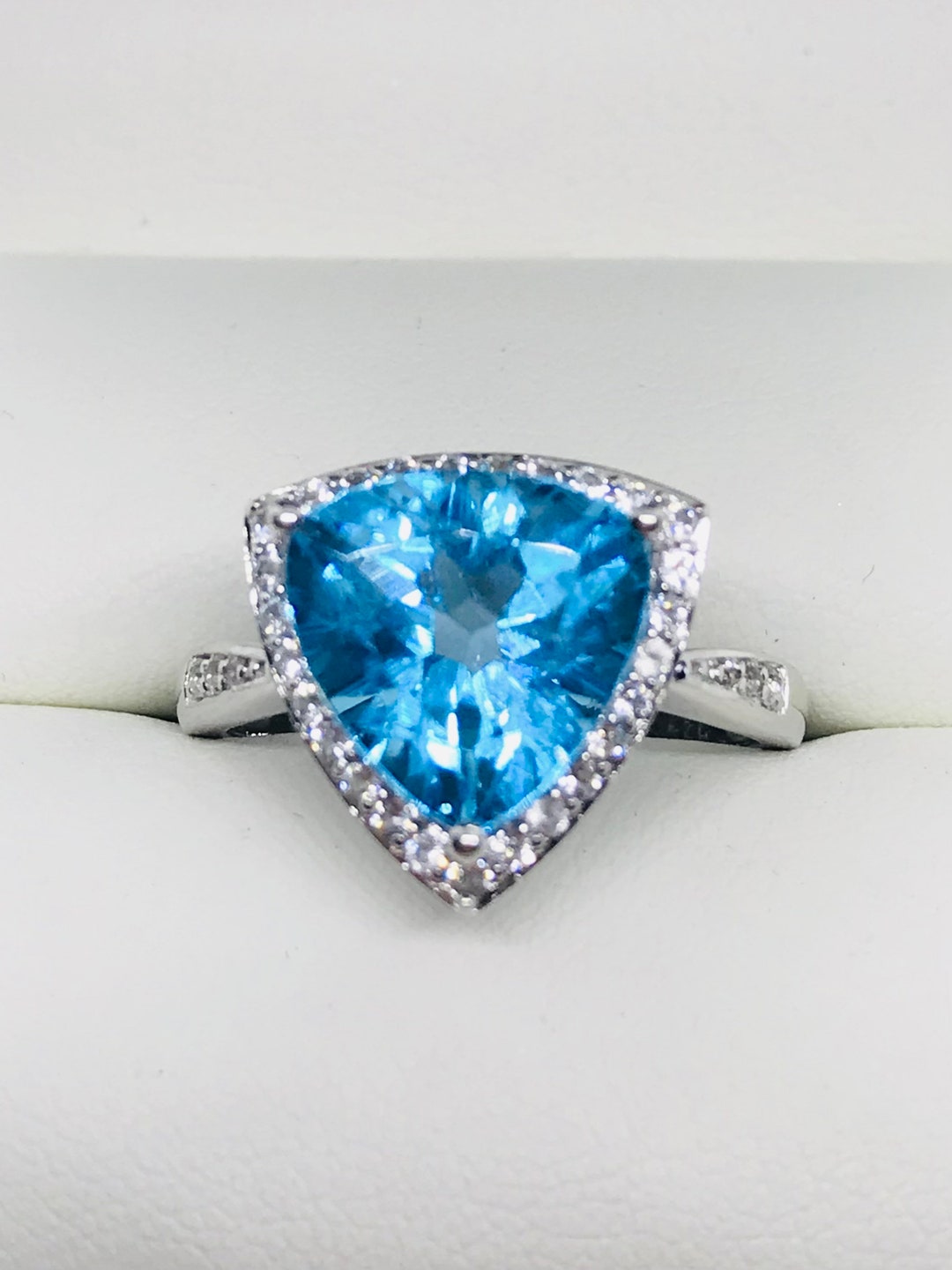 Sterling Silver Vintage Trillion Cut Blue Topaz & Cubic Zirconia Ring ...
