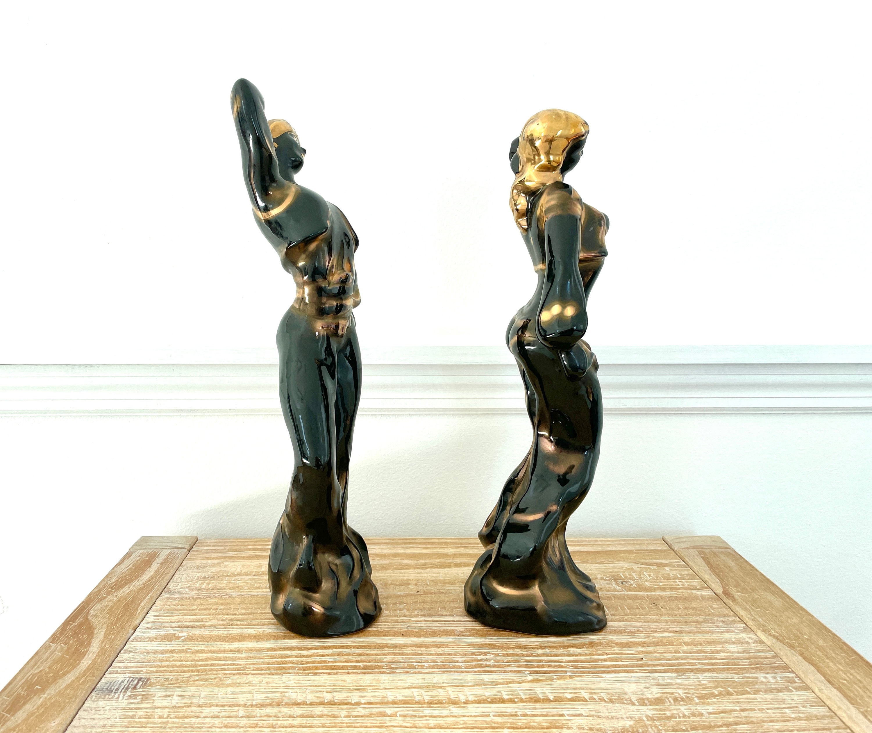 Glazed Ceramic Figurines of Dancers Black With Metallic Gold Accents - Etsy