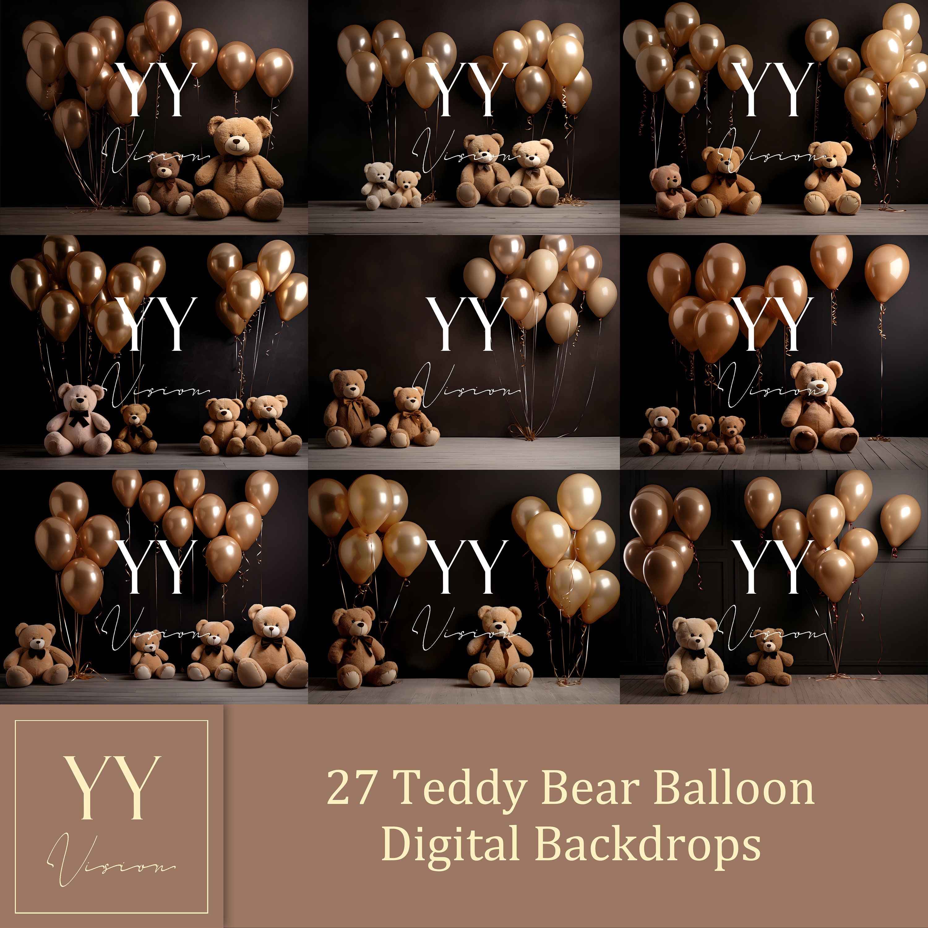 27 Teddy Bear and Balloon Bronze Digital Backdrops Sets for Newborn ...