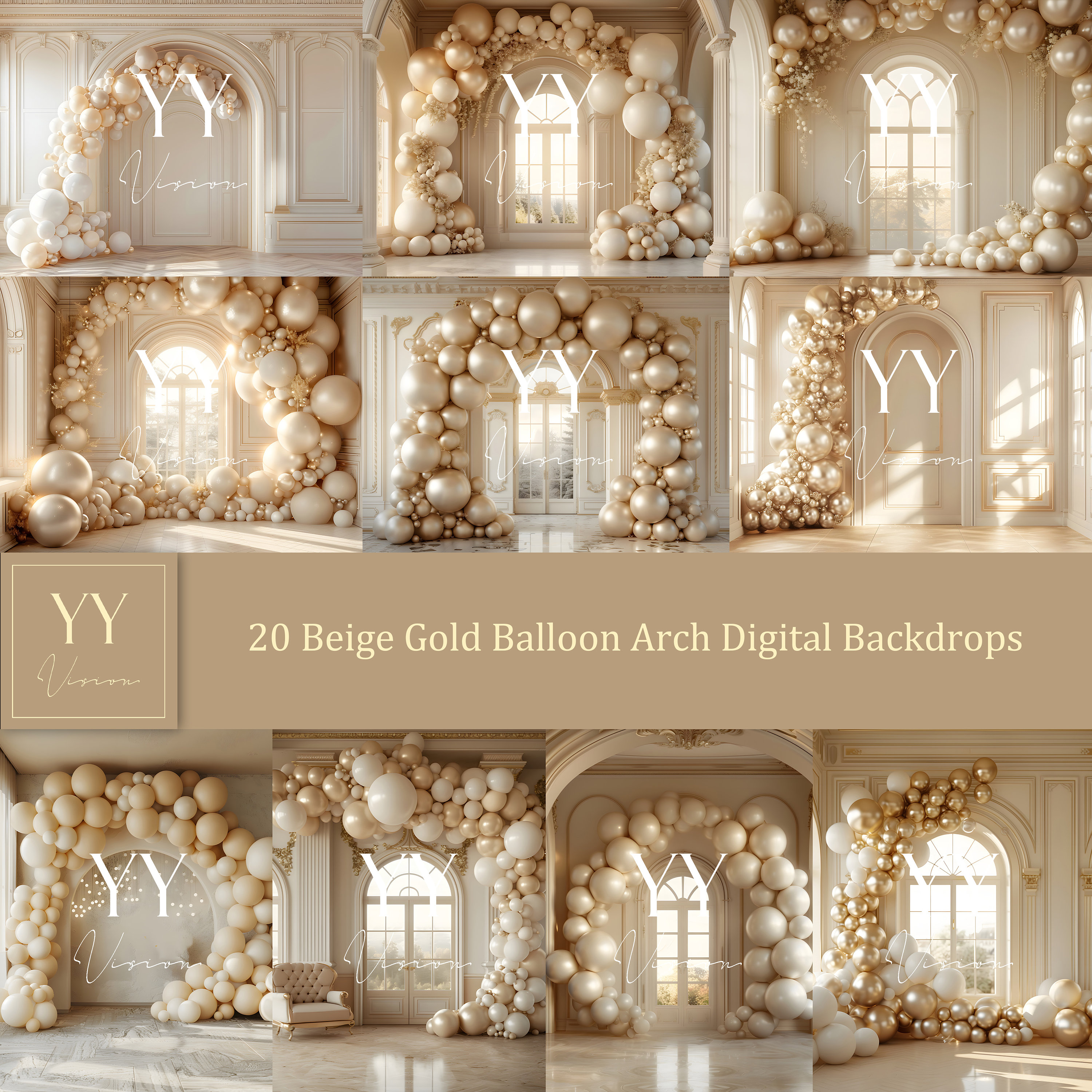 20 Beige Gold Balloon Arch Digital Backdrops Sets for Wedding Maternity ...