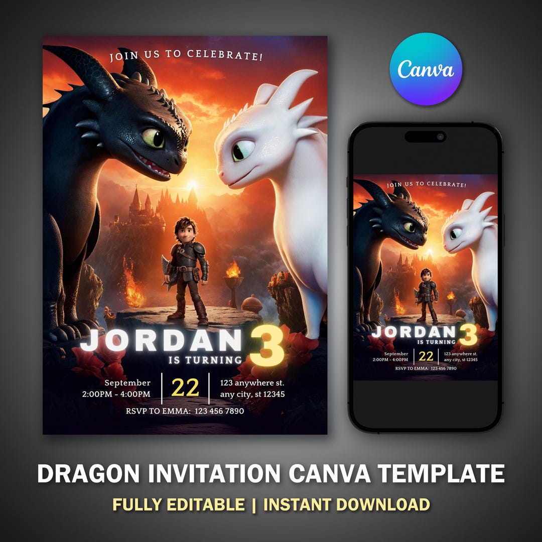 Toothless Lightfury Dragon Invitation Template V1 for Birthday Party ...