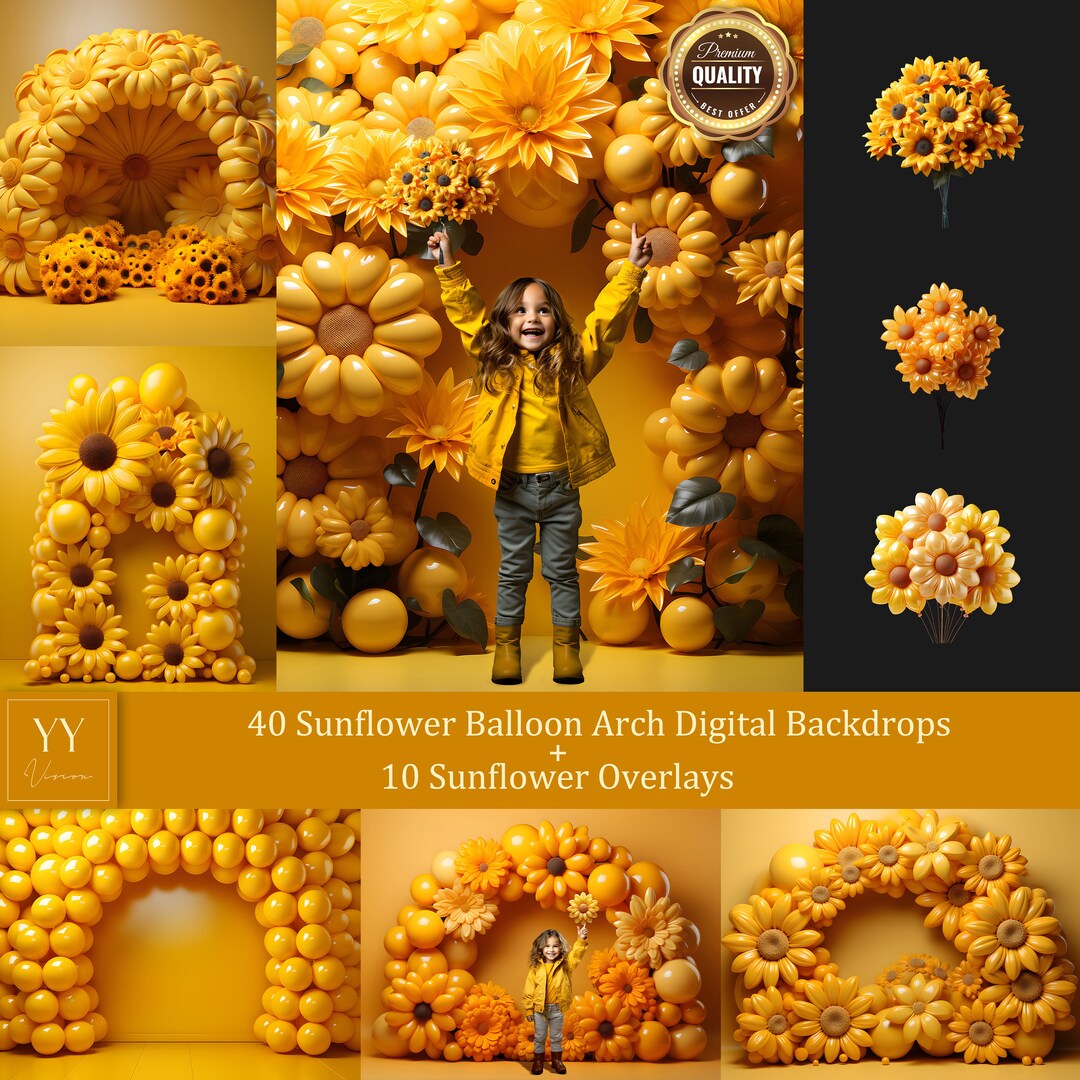50 Autumn Sunflower Balloon Arch Digital Backdrops Overlay Sets for ...