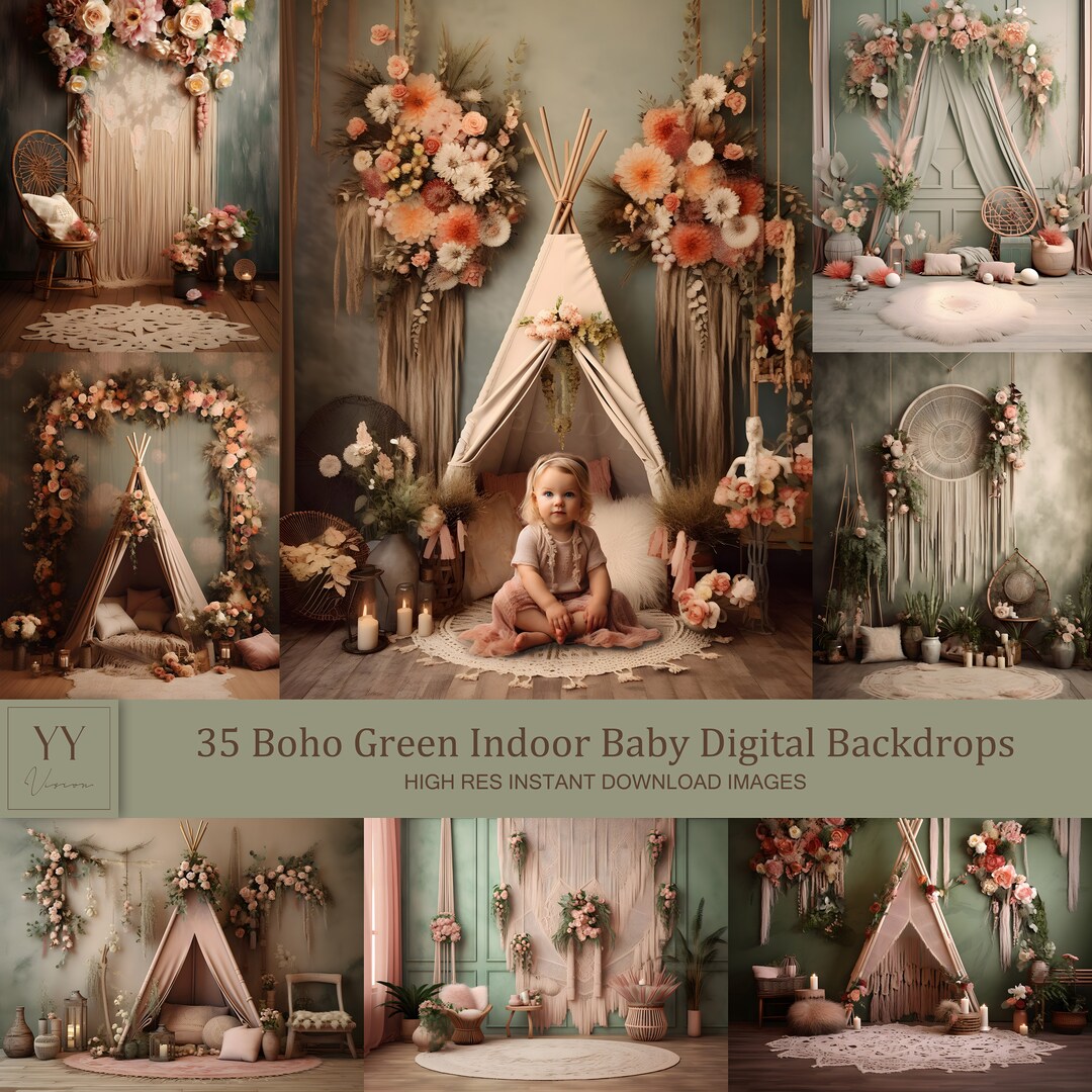 35 Boho Green Indoor Baby Digital Backdrops Sets Maternity Studio ...