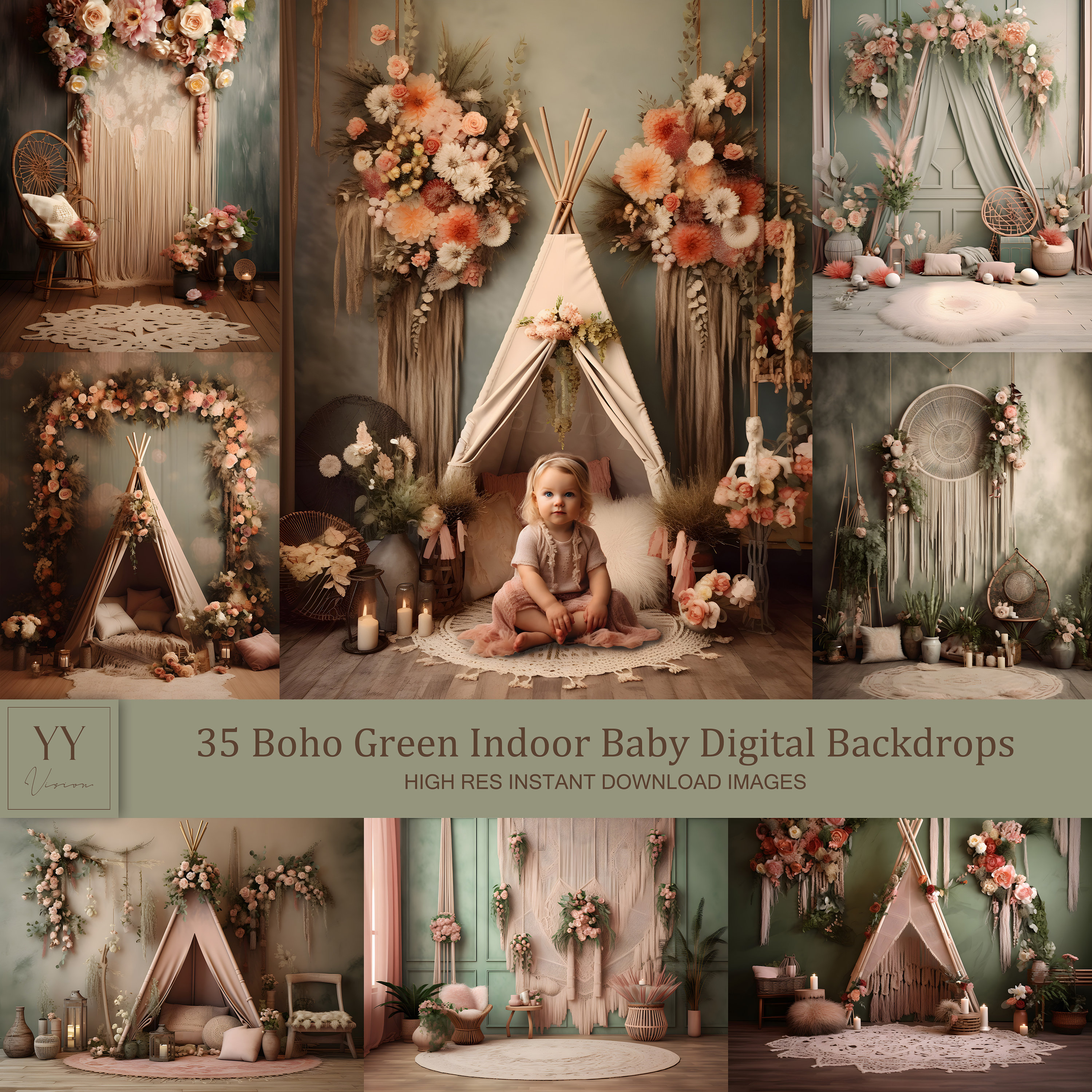 35 Boho Green Indoor Baby Digital Backdrops Sets Maternity Studio ...