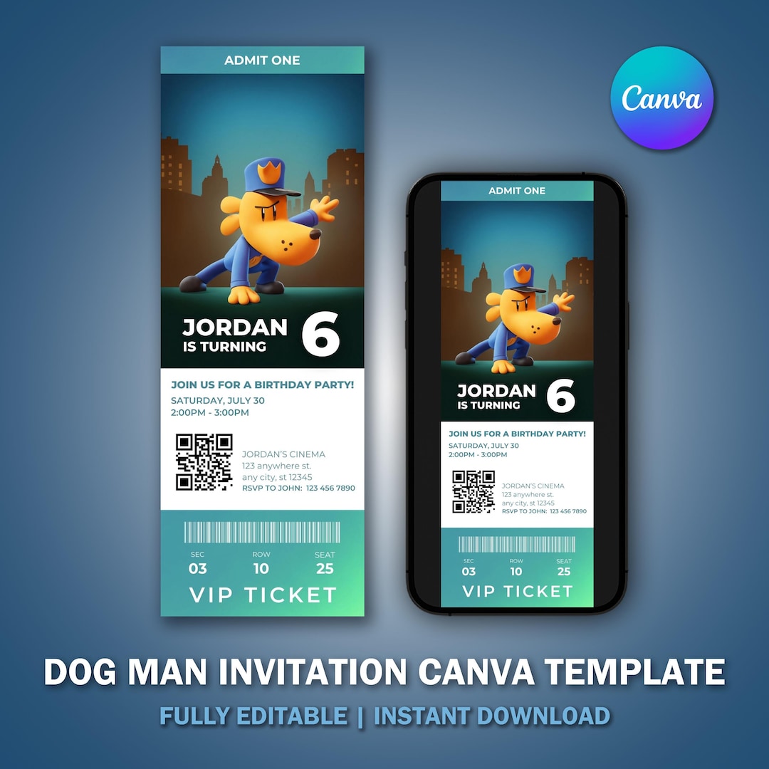 Dogman Invitation Ticket Template V2 for Birthday Party | Editable ...
