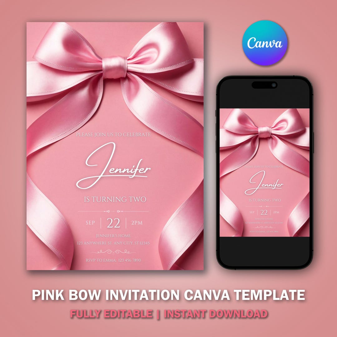 Pink Bow Birthday Invitation Template V4 | Editable Printable Digital ...
